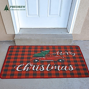 Phedrew Non-Slip Christmas Rugs Christmas Mats 20 x 28 Inches, Christmas Tree Red Truck Buffalo Plaid Holiday Rugs Winter Welcome Doormats Floor Mat for Outdoor Indoor Xmas Rug Home Garden Decorative