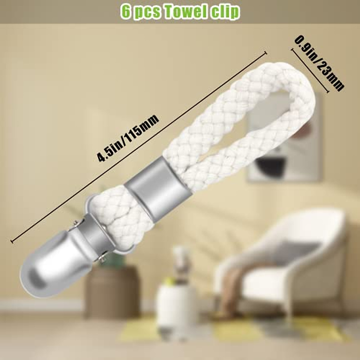 6 Pack Towel Hook Holder Braided Cotton Loop Towel Hangers Metal Clip Towel Hangers Rack Hand Towel Hook Tea Towel Holders for Kitchen Bathroom Ivory