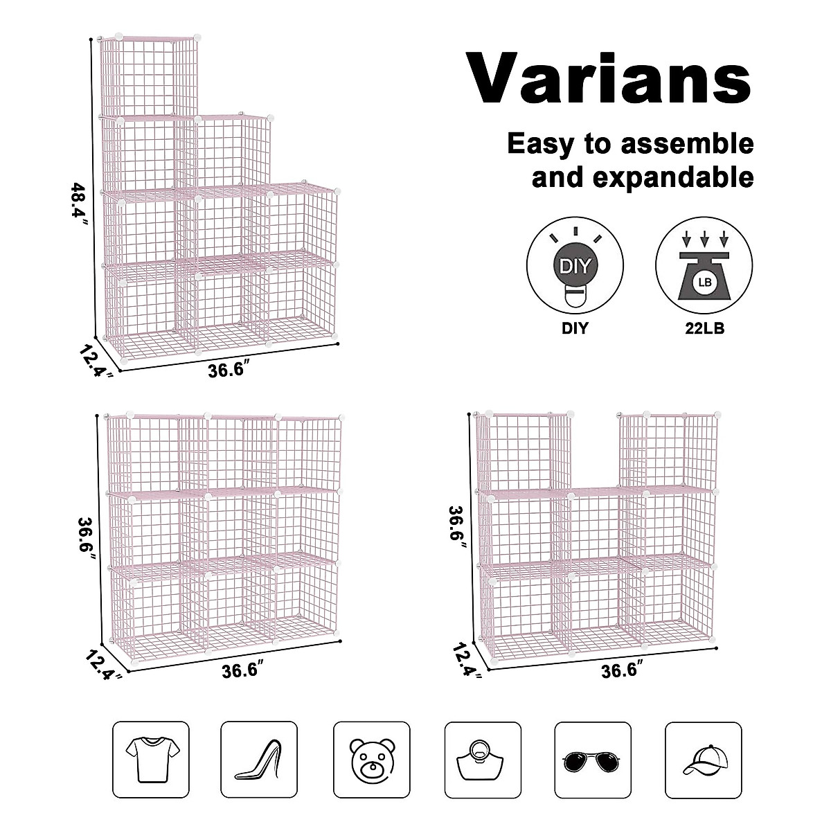 C&AHOME Wire Cube Storage, 9 - Cube Organizer Metal C Grids, Modular Shelves Units, Closet Organizer, Ideal for Home, Office, Living Room, 36.6”L x 12.4”W x 48.4”H, Pink UWCS3009P