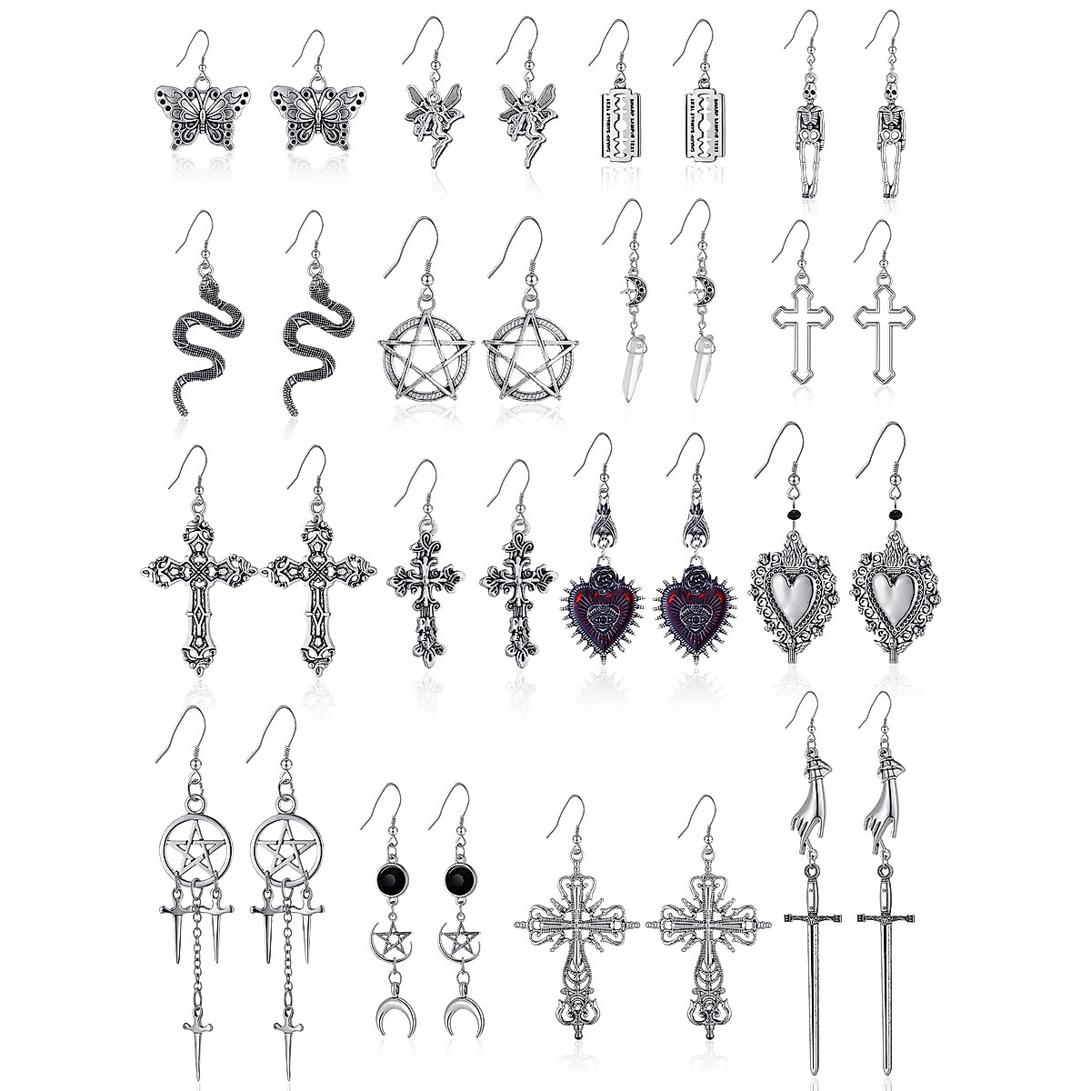 16 Pairs Gothic Earring for Women Grunge Punk Vintage Earrings Set Goth Snake Harajuku Style Evil Eye Dangle Retro Silver Earrings Harajuku Style Trendy Punk Rock Earrings for Halloween Girls Teen