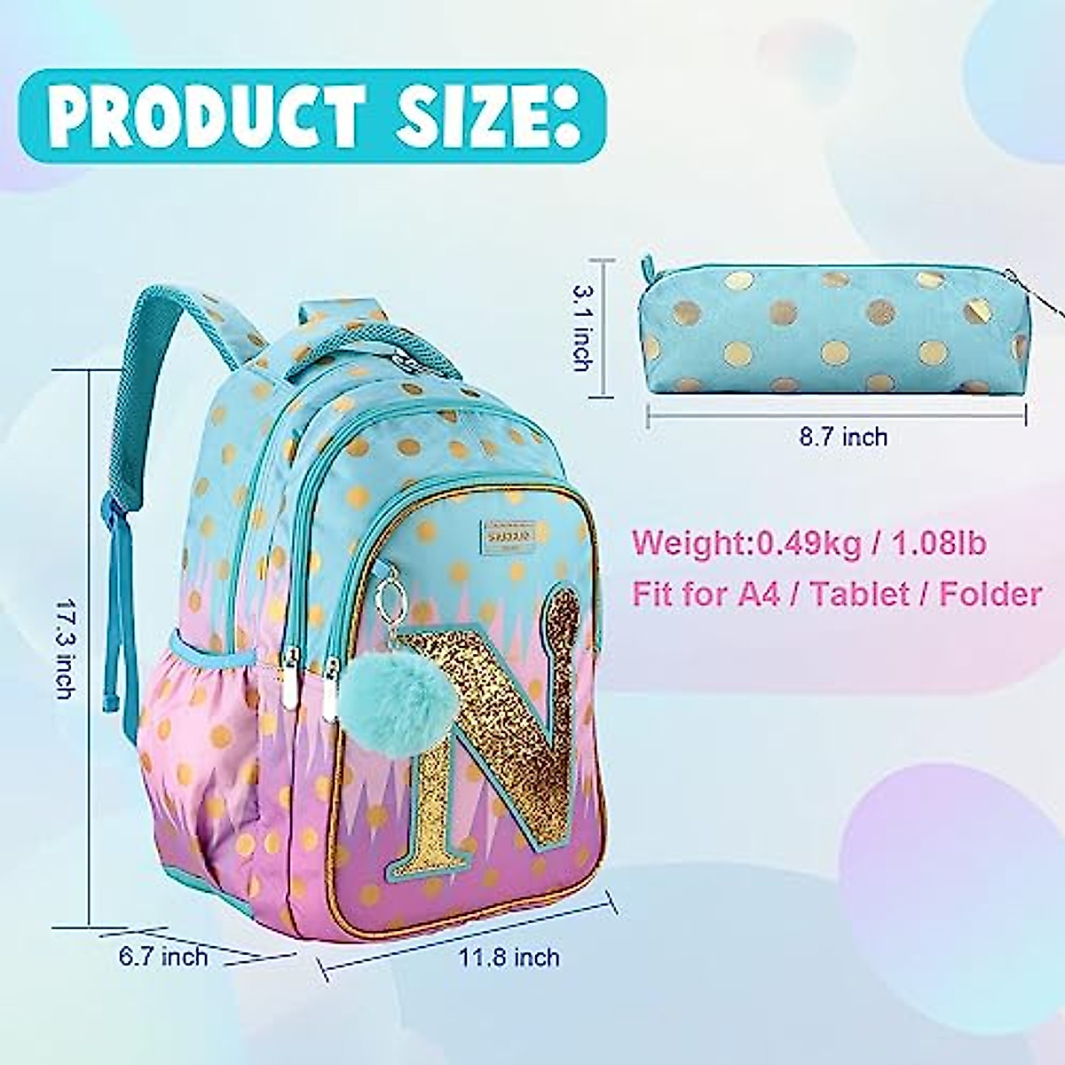 SARHLIO Kids Backpack with Pencil Case, Glitter Galaxy Elementary School Girls School Bag Large 16 Inch Bookbag with Letter N Sparkling Sequin Tower Design