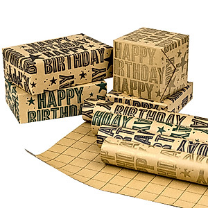 RUSPEPA Kraft Wrapping Paper Rolls - 17 inches x 10 feet per Roll, Total of 4 Rolls, Birthday Greeting