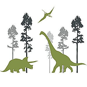 Giant Green Dinosaur Wall Decals Jungle Black Tree Wall Stickers DIY Removable Big Pin Trees Dinosaurs Nature Forest Wall Art Decor for Kids Teens Bedroom Living Room Nursery Playroom Decoration DT-67
