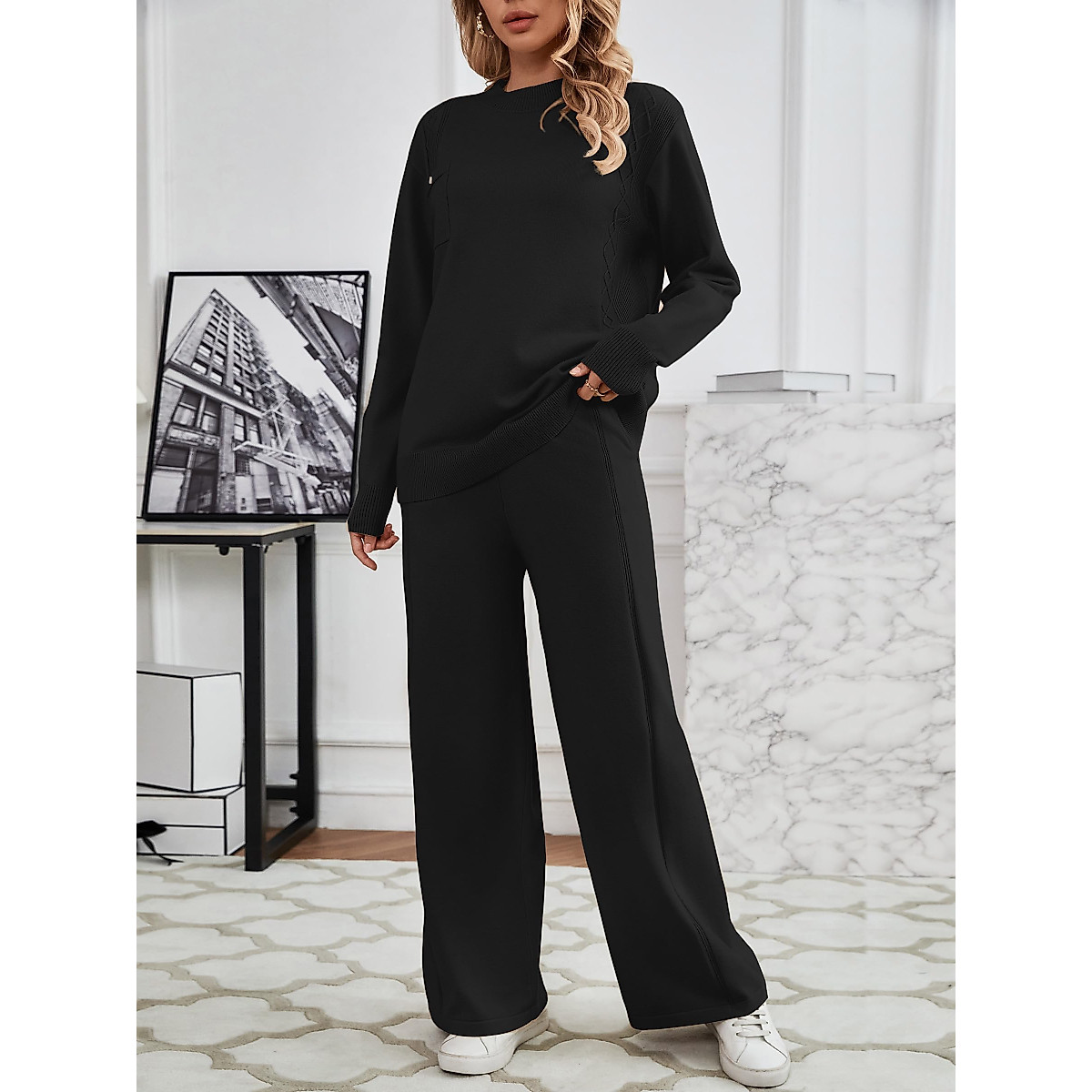 SuperPrity Lounge Sets for Women Two Piece Outfits Knit Sweater Top Wide Leg Pants Matching Sets Sweatsuits 2024 Fall Fashion-L,Black