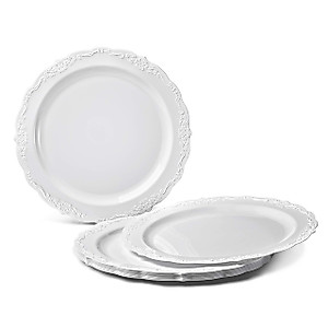 " OCCASIONS " 50 Plates Pack (25 Guests)-Vintage Wedding Party Disposable Plastic Plate Set -25 x 10'' Dinner + 25 x 7.5'' Salad/Dessert plates (Verona in White)