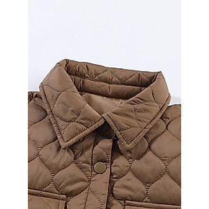 EVALESS Diamond Quilted Jackets for Women Lightweight Collar Long Sleeve Button Down Puffer Jacket Fall 2024 Coat Outerwear with Pockets Brown Medium