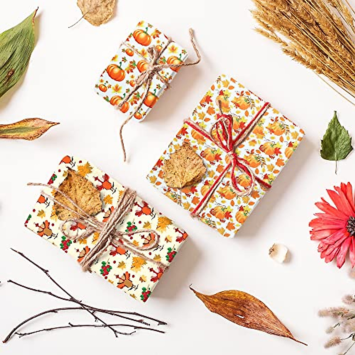 Pack of 8 Thanksgiving Fat Squares Fabric Sheets Bundles, 20" x 20", Assorted Fall Autumn Harvest Theme Patterns Include Maple Pumpkin Turkey Sunflower for Party Supplies Decor DIY Sewing Quilting