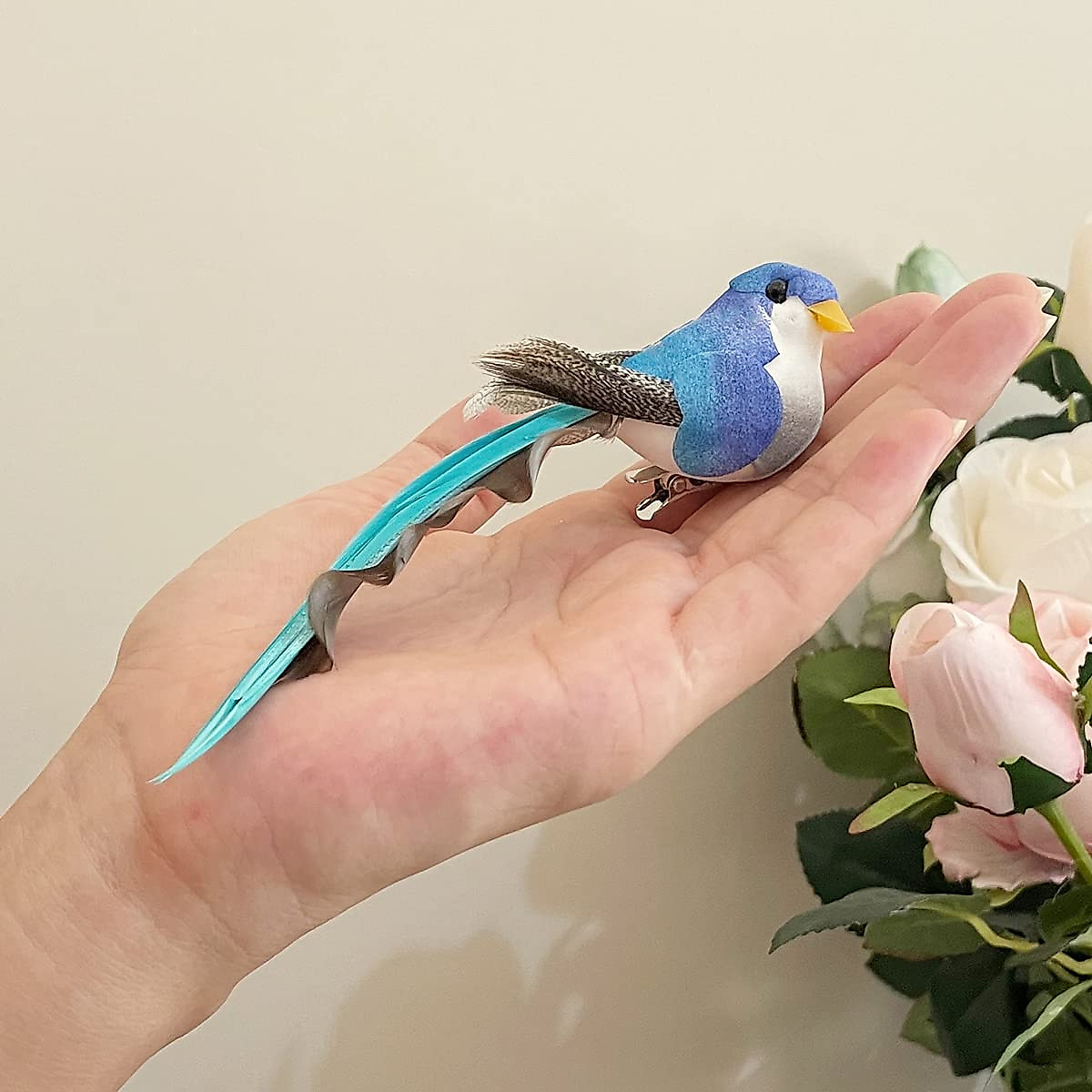 LWINGFLYER 12pcs Clip on Artificial Simulation Foam Birds Feather Long Tail Feather Fake Birds for Craft Home Ornaments Garden Wedding Decoration Embellishing 12cm/4.7inch