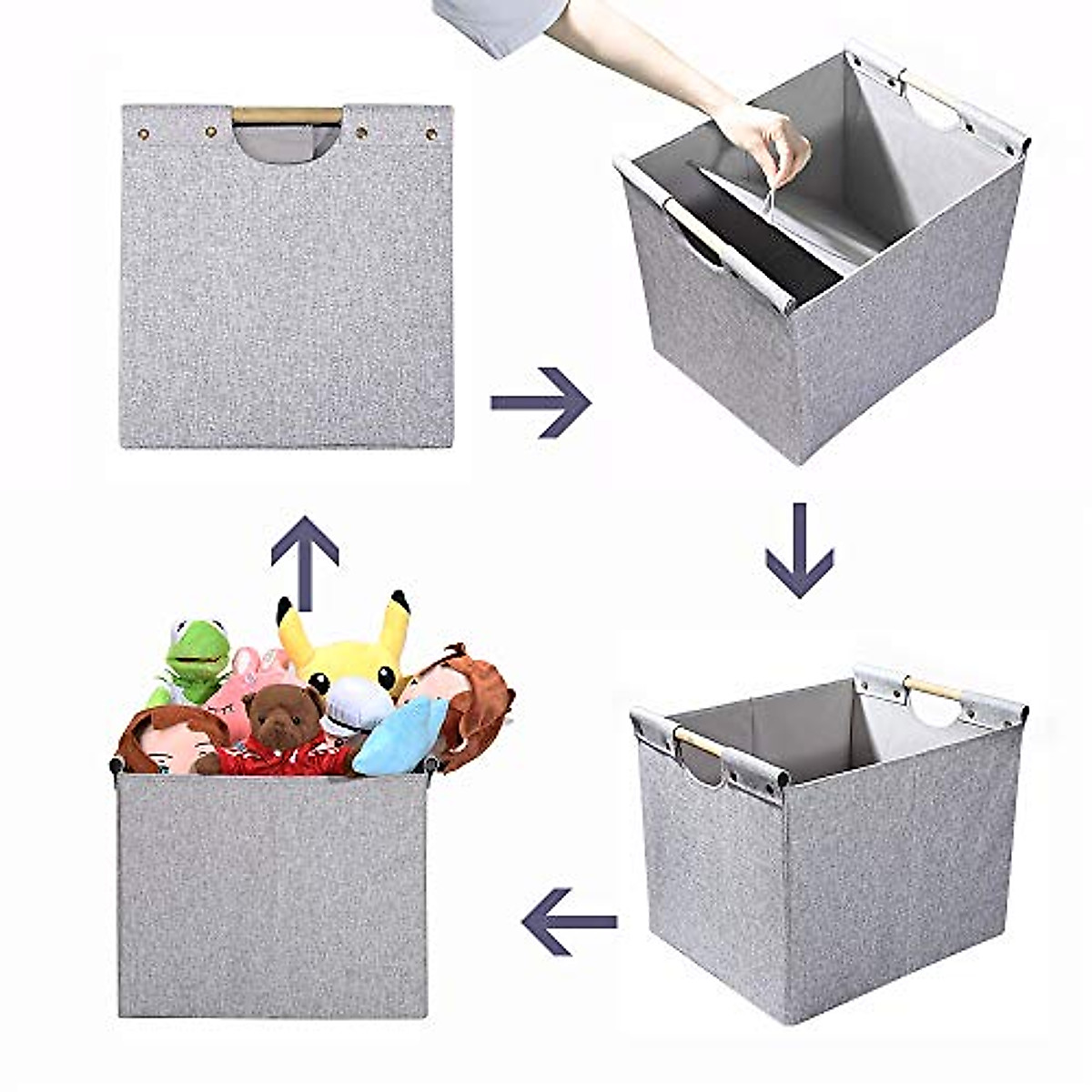HOONEX Large Foldable Storage Bins, Linen Fabric, 2 Pack, with Wooden Carry Handles and Sturdy Heavy Cardboard, for Home, Office, Car, Nursery, Light Grey