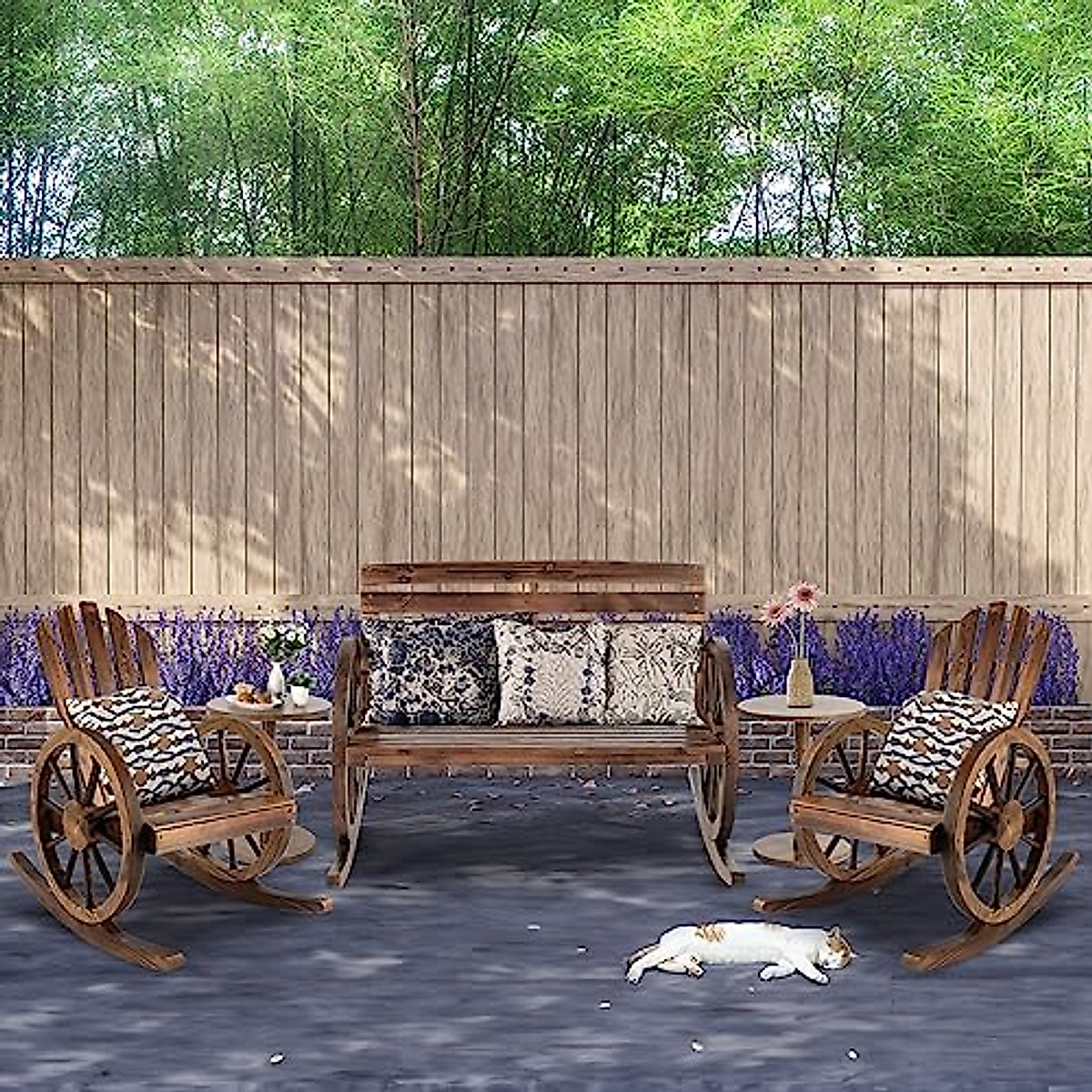 FURNDOOR 5 PCS Outdoor Rocking Chair Conversation Set, Wagon Wheel Rocking Chairs with Side Table, Patio Rocker Chair Wood Patio Bistro Set for Porch Bench, Rustic