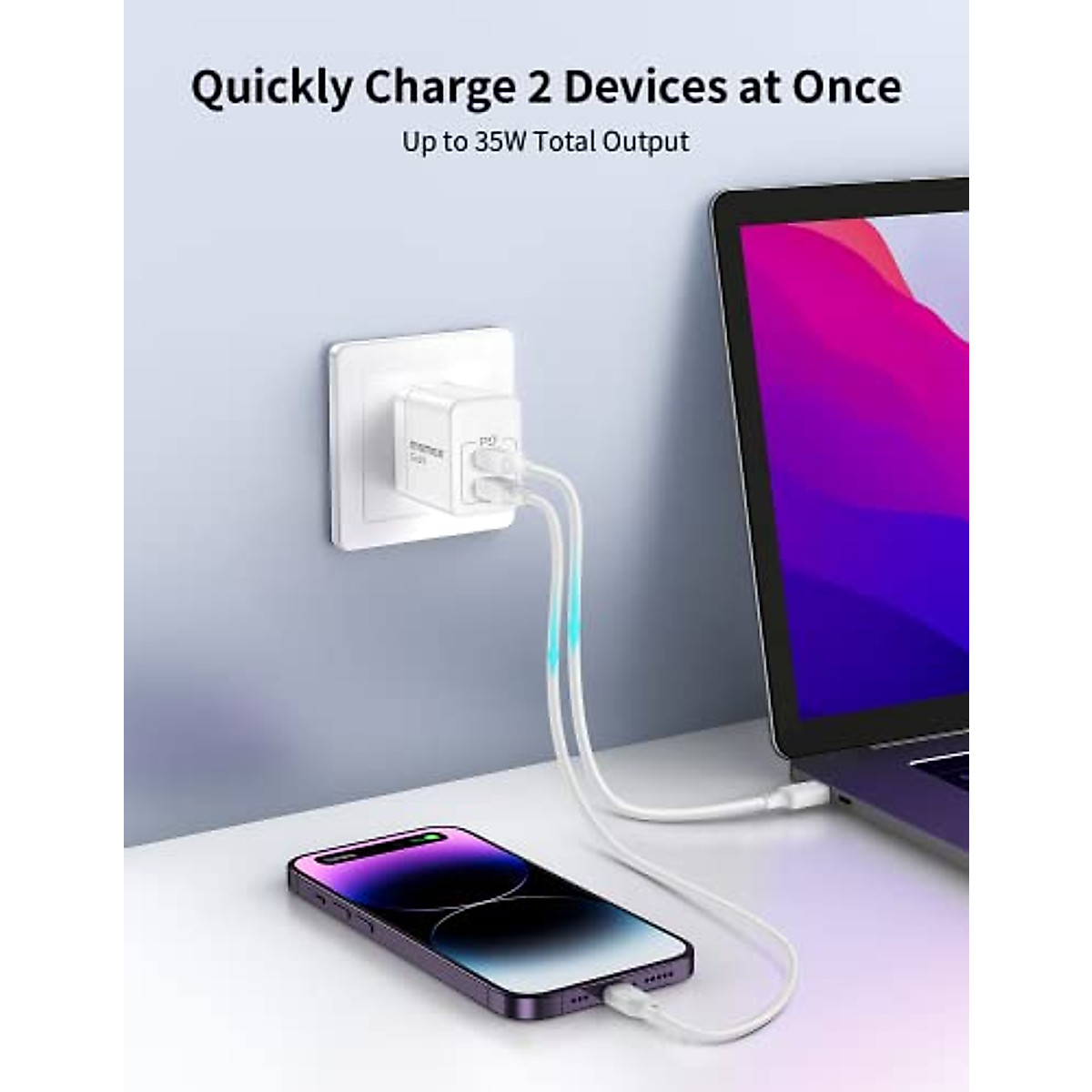 MOMAX GaN Charger, Dual Port 35W USB C GaN Charger with Foldable Plug, Compact GaN III PD 3.0 Charger, High Power Wall Charger for Laptops, MacBook, iPad Pro/Mini, iPhone 14/Max/Pro/Pro Max (White)