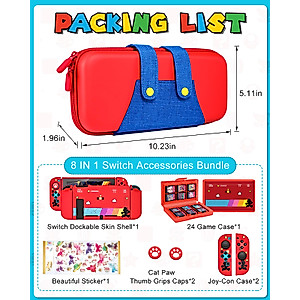 Gurgitat 8in1 Maro Switch Case for Nintendo Switch Carrying Cases & Storage Accessories Bundle Kit, Thumb Grips Button Caps+Game Card Holder+Dockable Cover Skin+Sticker for Switch Travel Pouch Bag