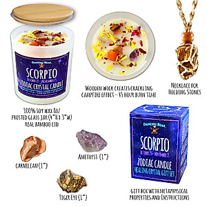 DANCING BEAR Scorpio Zodiac Candle Gift Box Set with 3 Healing Crystals & Stone Holder Necklace, 100% Soy Scented Wax, Crackling Wood Wick, 45 Hour Burn Time