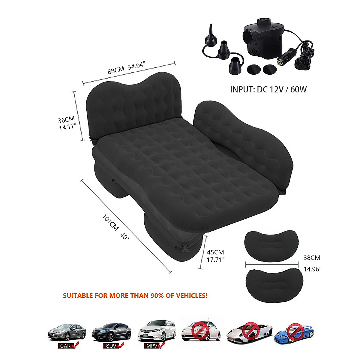 CALOER Thicked Inflatable Car Air Mattress with Pocket,Headboard,Pillows and Air Pump (Portable)-Camping Inflation Bed Travel Air Bed Car Back Seat-Blow Up Air Mattress - Car Bed fits Car, SUV Black