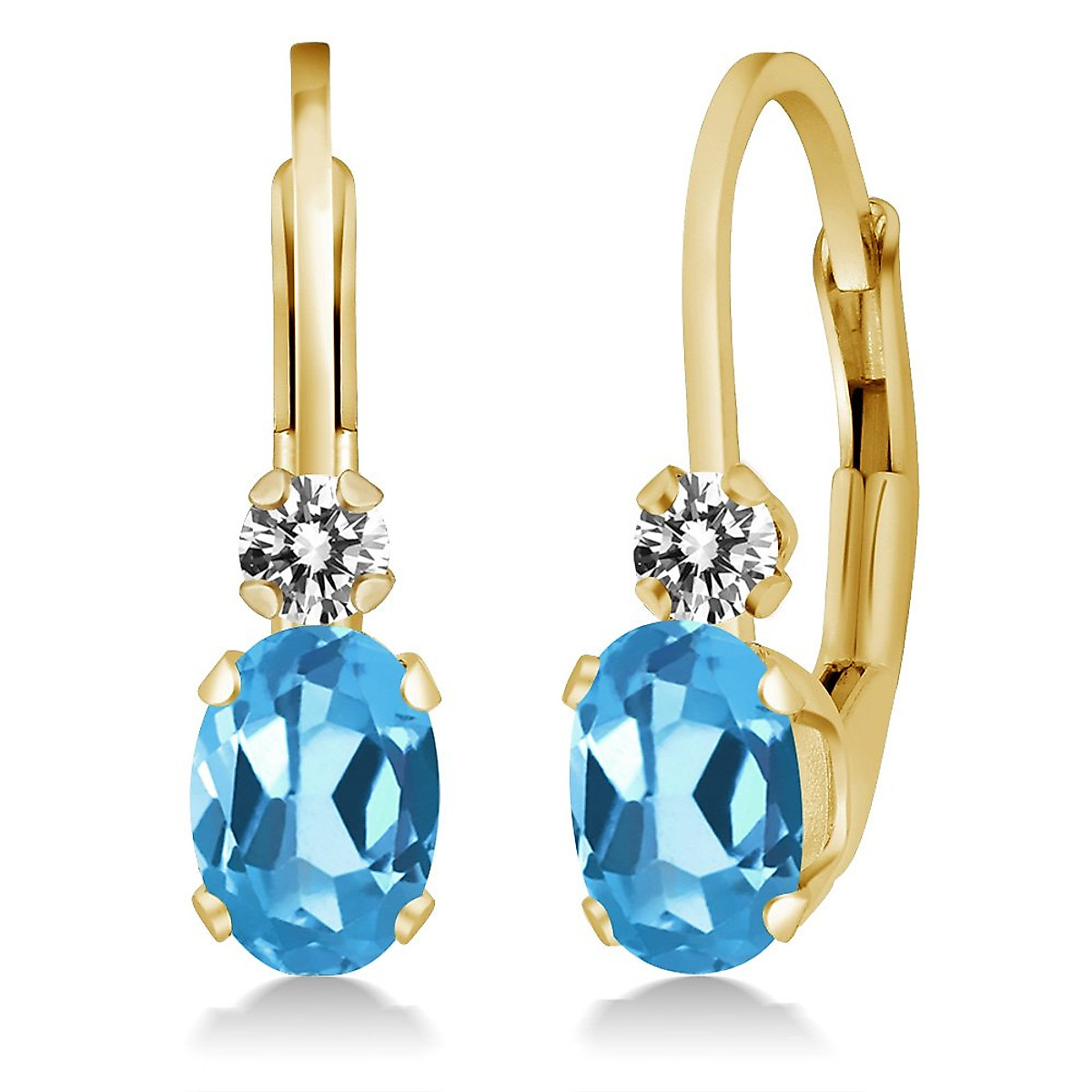 Gem Stone King 14K Yellow Gold Swiss Blue Topaz and White Diamond Leverback Earrings For Women | 1.07 Cttw | Gemstone November Birthstone | Oval 6X4MM, Round 2MM | 3/4 Inch