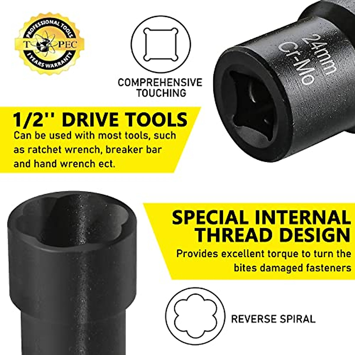 TOPEC Bolt Extractor Set, 10 Piece Lug Nut Remover Socket Tool, 1/2" Drive Impact Wheel Lock Removal Kit for Removing Damaged, Dead, Rusted, Rounded-Off Bolts, Lug Nuts & Screws