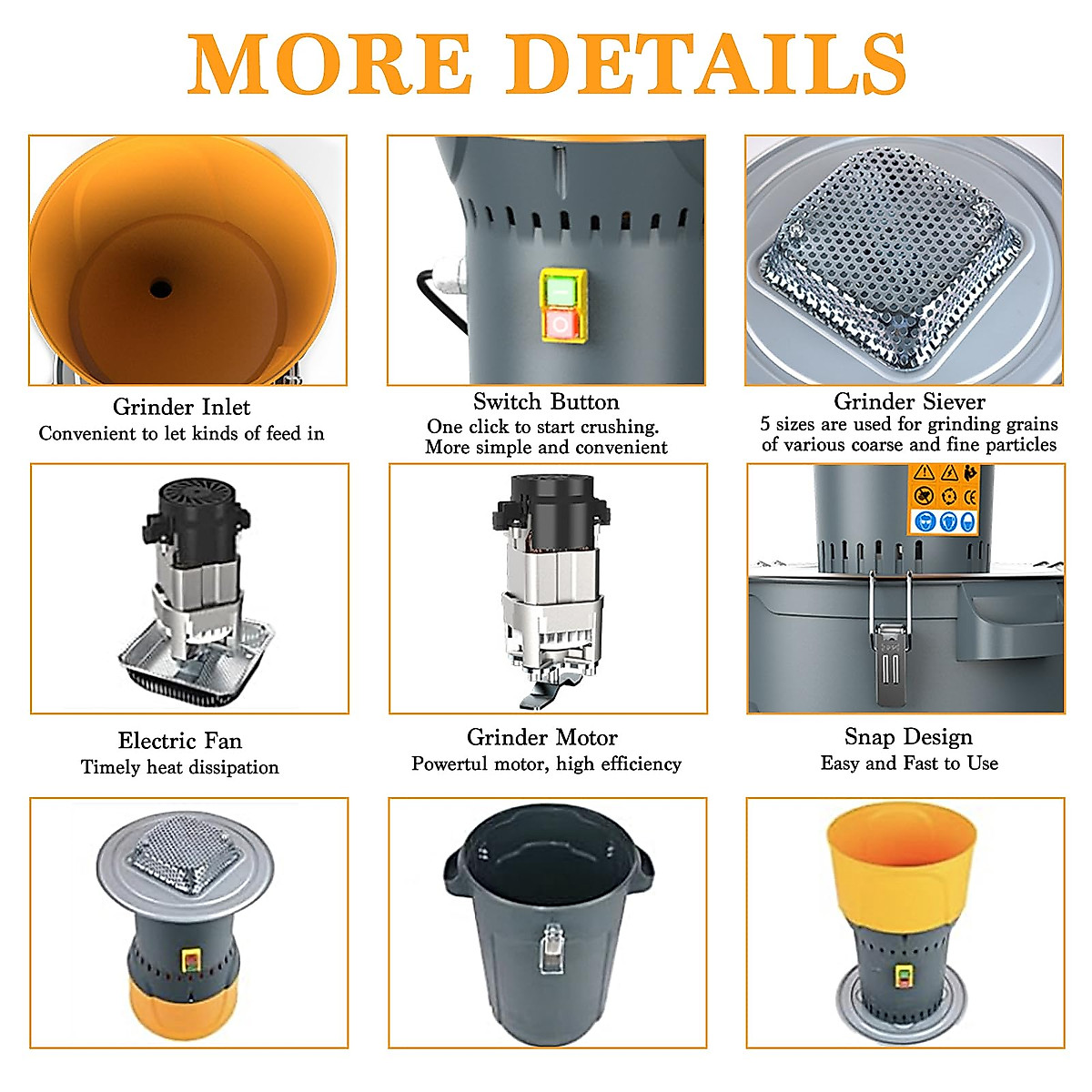 Eachbid 25L Grain Mill Grinder, 1300W Electric Grain Grinder Mill, Detachable 6.6 Gal Bucket & Hopper, with 5 Grinder Sieves+1Wrench, Feed Mill Dry Cereals, Corn Grinder, Wheat Grinder, Molino de Maiz