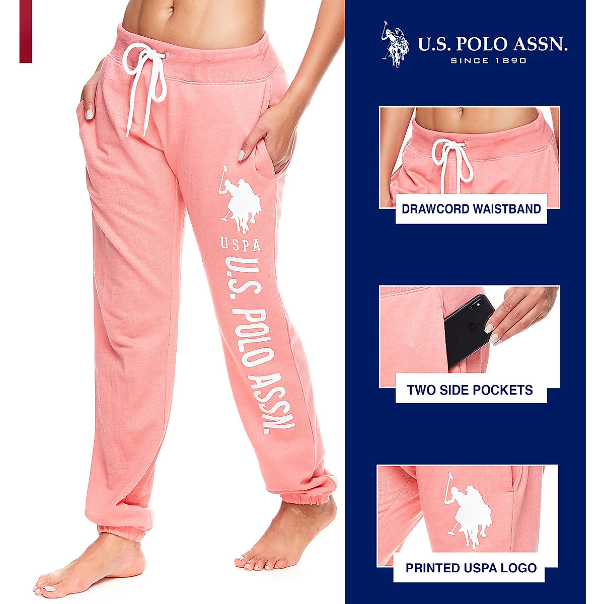U.S. Polo Assn. Essentials Pink Sweatpants with Pockets, Comfy French Terry Womens Joggers (Coral Heather, Small)