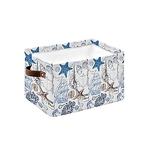Storage Bins, Nautical Theme Marine Sail Boat Beach Starfish Shell Seashell Storage Baskets for Organizing Closet Shelves Clothes Decorative Fabric Baskets Large Storage Cubes with Handles