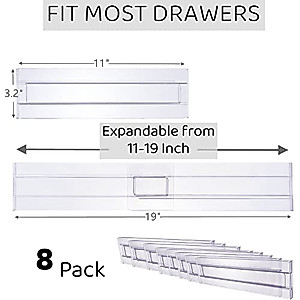 KIKILIE 8 Pack Clear Drawer Dividers, Expandable 11-19'' Dresser Organizers Transparent , for Clothing & Underwear, Plastic Dividers Clothes, (DD5250)