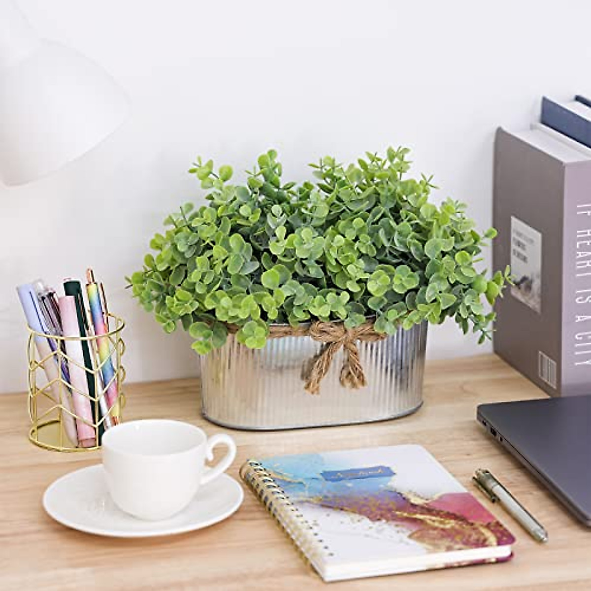 CEWOR Artificial Eucalyptus Leaves Faux Plants Desk Fake Potted Plants in Rustic Rectangular Pots Table Centerpiece for Home Decor Office Bathroom Desk Room Greenery Decor or Gift