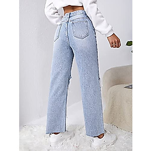 SweatyRocks Women's High Waist Ripped Distressed Cropped Jeans Straight Leg Denim Pants Light Wash L