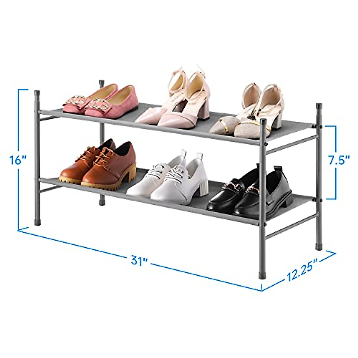 MAX Houser 2-Tier Stackable Shoe Rack, Fabric Shoe Shelf Storage Organizer for Closet Bedroom Entryway, Gray