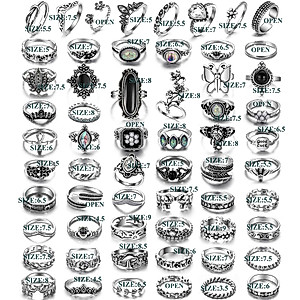 17IF 60 PCS Vintage Silver Goth Ring Set for Women Girl, Punk Boho Chunky Knuckle Stackable Finger Ring Pack Aesthetic Grunge Adjustable Retro Stone Opal Crystal Cat Snake Flower Gothic Rings