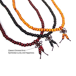 PWMENLK 108 Mala Beads Bracelets Meditation Necklace 3pc 8mm Wood Prayer Beads Buddhist Wooden Beaded Tibetan Buddha Bead Sandalwood Beaded Necklace for Men Women(red black orange)