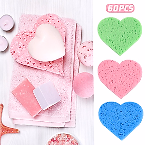 WXJ13 60 Pieces Heart Shaped Compressed Facial Sponge, Reusable Face Cleansing Sponge for Deep Facial Cleansing and Exfoliating Makeup Remover (Green, Pink, Blue)