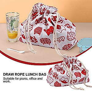 NUOBESTY Lunch Box Pouch with Drawstring Japanese Portable for Bento Boxes Tote Bag Picnic Office Outdoor Lunch Storage Handy Bags Cat Printed Red