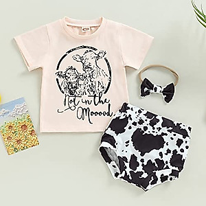 TheFound Summer Toddler Girls Clothes Short Sleeve Bull Print Tops Elastic Waist Short Headband Casual Cute Outfits (Beige, 12-18 Months)