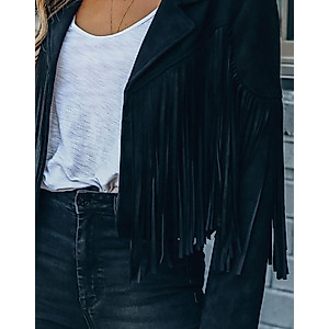 CHARTOU Casual Faux Leather Jacket Women Motorcycle Jacket Fringe Cropped Jacket Utility Tassel Suede Moto Jacket (Small,Black)