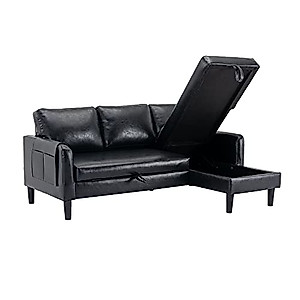 Eafurn 3 Seater Sectional Chaise Lounge and Storage,L Shaped Convertible Pull Out Bed,Comfy Velvet Upholstery Corner Sofa & Couches Button Tufted Living Room Furniture Sets, Black Soft 72.44"