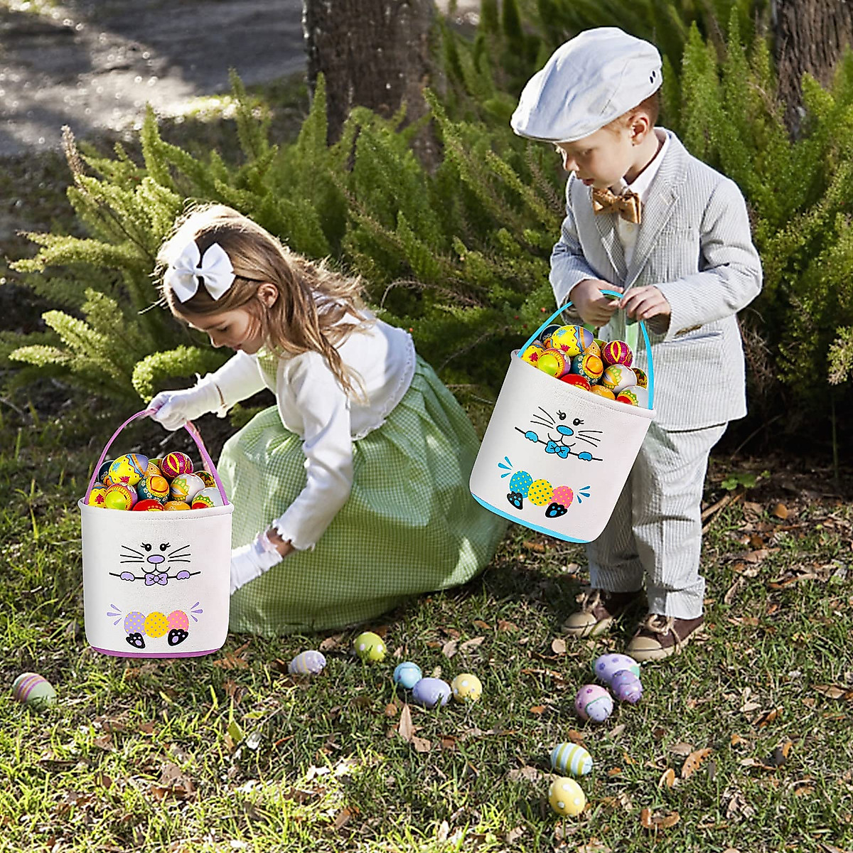 3 Pcs Easter Baskets for Kids - Easter Egg Bags Easter Candy Egg Hunt Basket Cute Rabbit Tote Bag for Kids Easter Decorations Eggs Candy