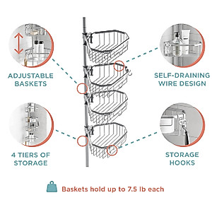 Zenna Home Tension Pole Shower Caddy with 4 Shelves and Hooks, Satin Chrome, 60-108 Inch – Rustproof Standing Corner Shower Organizer Shelf – Sturdy Adjustable Shower Rack for Bathroom Essentials