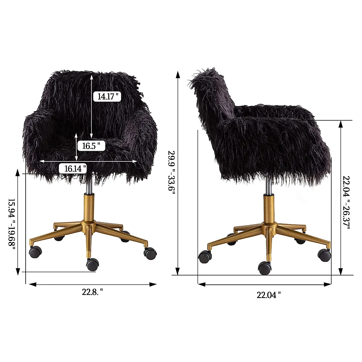 SSLine Faux Fur Vanity Chair Elegant Pink/White/Grey Furry Makeup Desk Chairs for Girls Women Modern Comfy Fluffy Arm Chair with Wheels in Bedroom Living Room (Black&Gold)