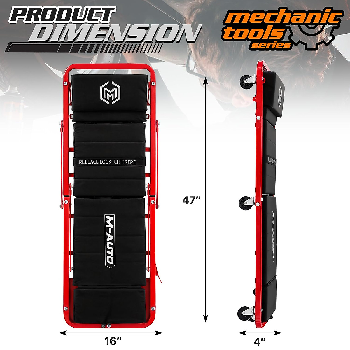 M-AUTO Heavy-Duty Convertible Mechanic Creeper, Z-Creeper 2-in-1 Creeper and Seat 48" Padded Adjustable Headrest Roller Garage Chair with 7 Swivel Casters for Washing, Detailing, Maintenance, Red