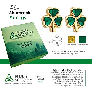 Biddy Murphy, Dainty Classic Irish Luck Shamrock Earrings for Women, Gold Plated with Emerald Green Enamel, Traditional Celtic Jewelry, Made in Ireland by Artisan Jewelers