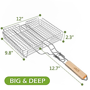 DOUBLE TWO - Stainless Steel Grill Basket, Grill Baskets for Outdoor Grill, Fish Grill Basket, for Meat Vegetable, Grilling Basket, BBQ Accessory, With Adjustable Cover & Detachable Handle, 1Pcs