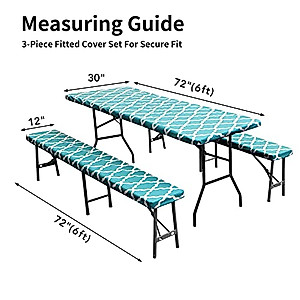 Easy-Going 100% Waterproof Picnic Outdoor Tablecloth with Bench Covers Fit 6 Foot Rectangle Table, 3-Piece Set Camping Table Cover with Seat Covers (30x72 in, Moroccan/Teal & White)