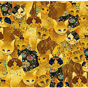 Cleo by Chong A Hwang for Timeless Treasures Gold and Black Bejeweled Cats Cotton Fabric by The Yard