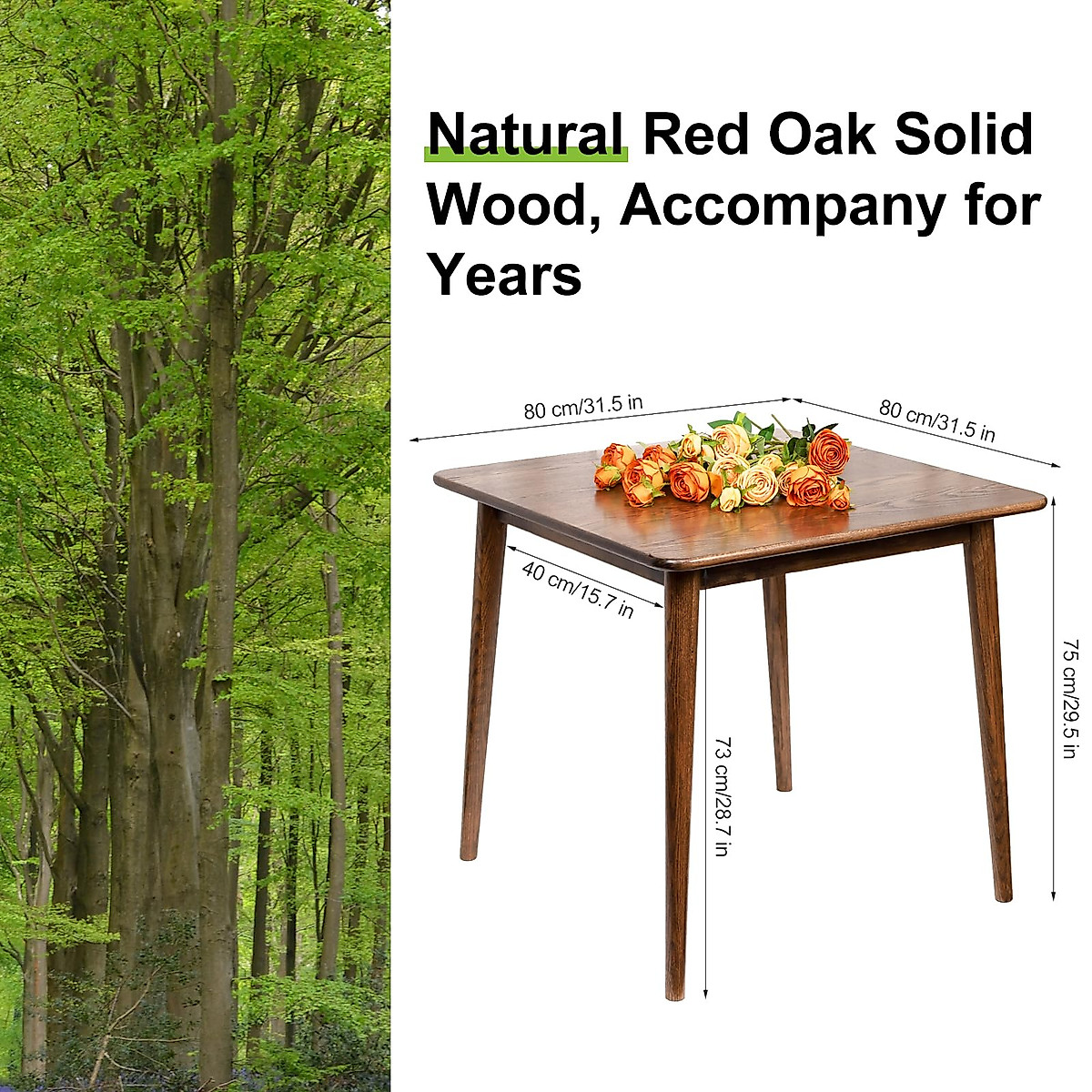 OOKSEN Square Dining Table 31.5“, Solid Wood Kitchen Table for Small Space, Mid-Century Modern Wooden Kitchen Dining Table, Oak Finish, Walnut