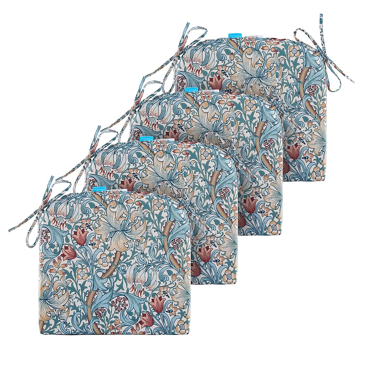 ARTPLAN Bright Floral Outdoor/Indoor Seat Cushions Set of 4,17"x16"x2" Patio ChairPad with Ties,Foam Fill,Square Round Corner Weather, Fade Resistant and Replacement,Pattern