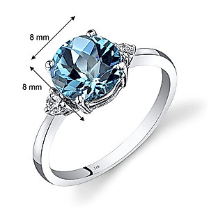 PEORA 14K White Gold Swiss Blue Topaz and Diamond Ring for Women, Natural Gemstone Birthstone, 2.25 Carats Round Shape 8mm, Size 7