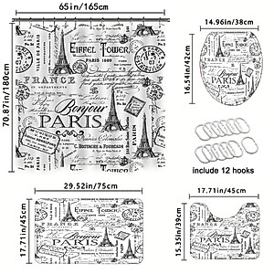 Blmiflwe 4Pcs Paris Shower Curtain Sets Bathroom Set Decor with Non-Slip Rugs Toilet Lid Cover Bath Mat,Paris Eiffel Tower Waterproof Bathroom Curtains Shower Set with 12 Hooks 65" x 70 "