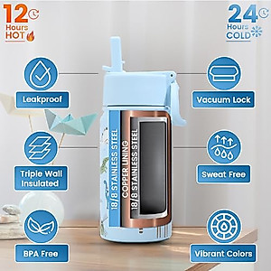 Lexlion Water Bottle 14 Oz, Triple Walled Insulated Stainless Steel Odor & Strain Resistant Reusable Bottle, 1 straw Lid, Leakproof, Metal Mug Gallon, BPA Free, Blue Zoo