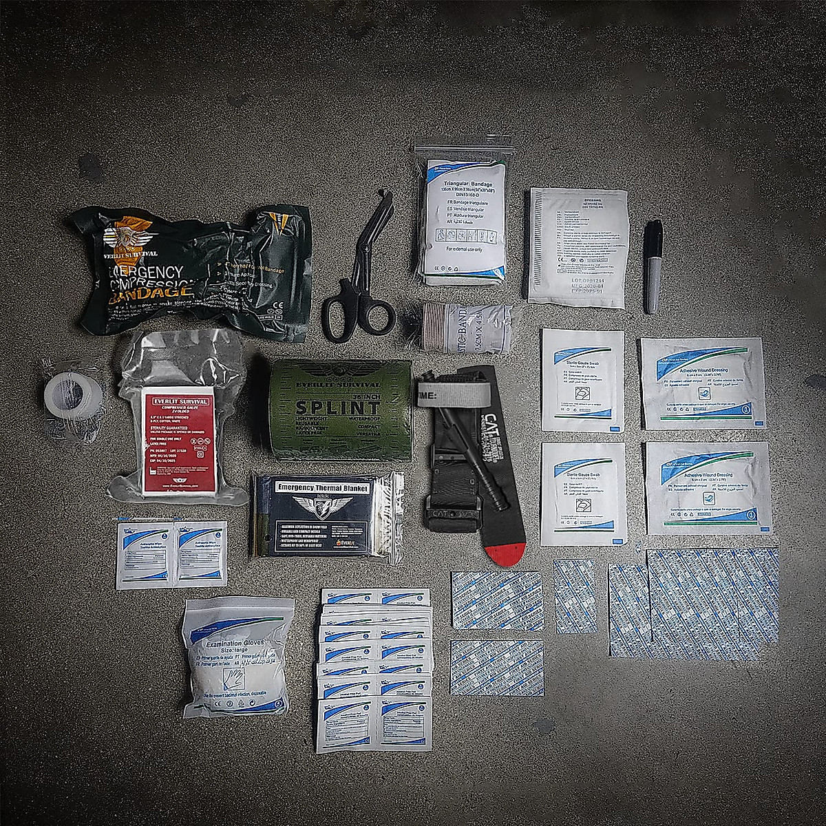 EVERLIT Emergency Trauma Kit, CAT GEN-7 Tourniquet 36" Splint, Military Combat Tactical IFAK for First Aid Response, Critical Wounds, Severe Bleeding Control (Black)
