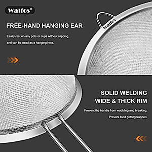Walfos Fine Mesh Strainers Set, Premium Stainless Steel Colanders and Sifters, with Reinforced Frame and Sturdy Handle, Perfect for Sift, Strain, Drain and Rinse Vegetables, Pastas and Tea - 3 Sizes