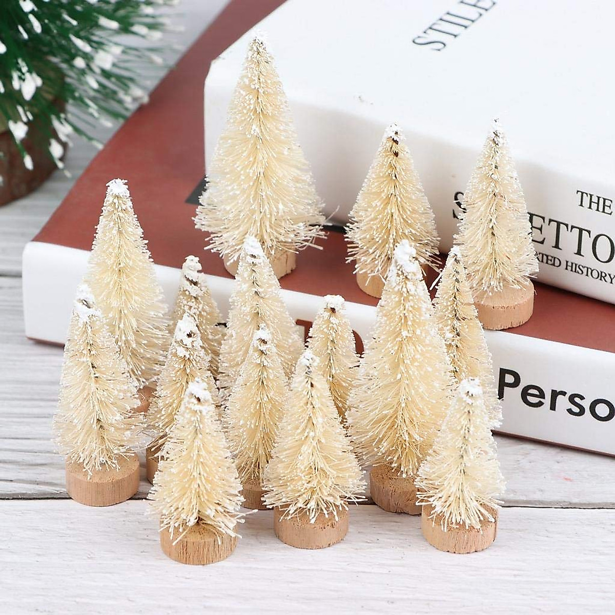 Ioffersuper 12Pcs Mini Sisal Trees with Wood Base Artificial Christmas Pine Trees Bottle Brush Trees for Winter Snow Miniature Scenes DIY Christmas Crafts Xmas Holiday Home Desk Tabletop Decor